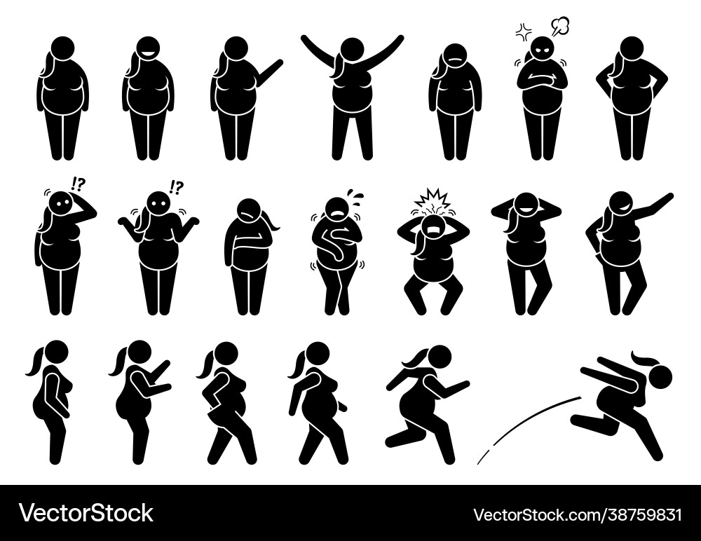Overweight fat woman basic poses and postures Vector Image