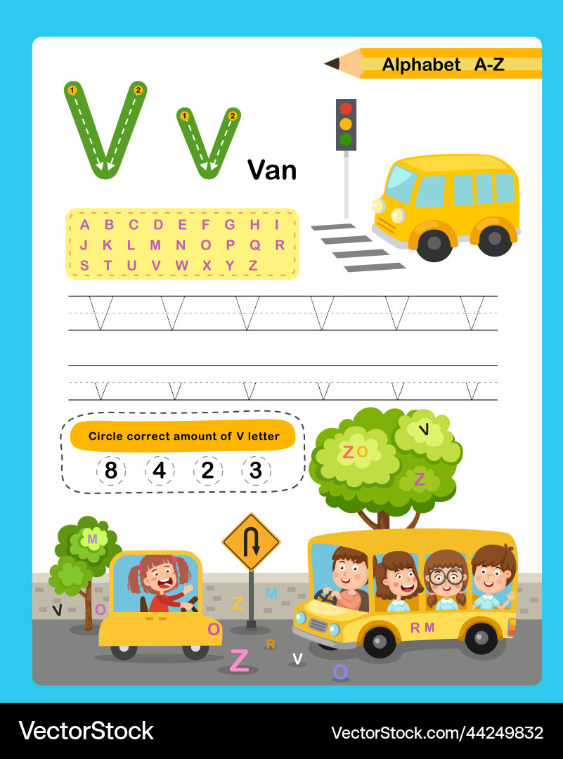 Alphabet letter v - van exercise with cartoon Vector Image