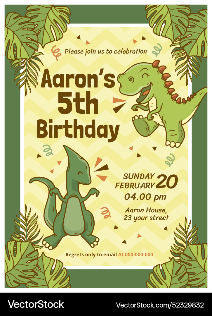 Cartoon Dinosaur Birthday Invitation Template Vector Image