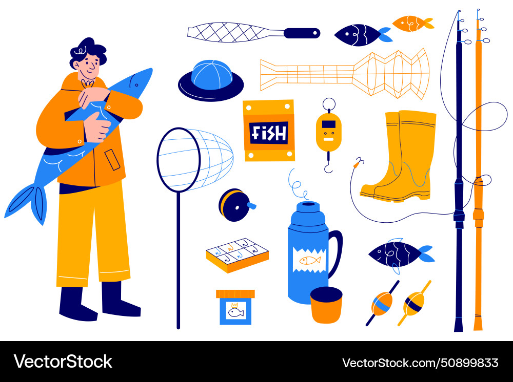 Fishing objects fisher with different accessories Vector Image