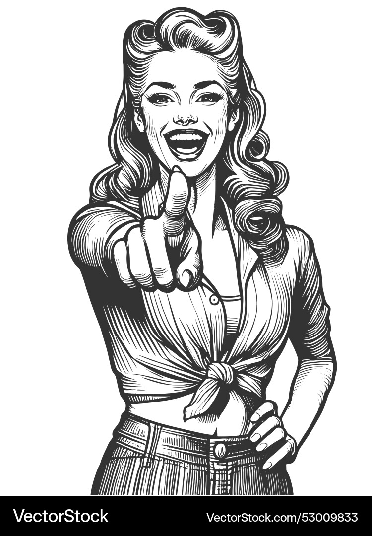 Smiling retro woman pointing forward Royalty Free Vector