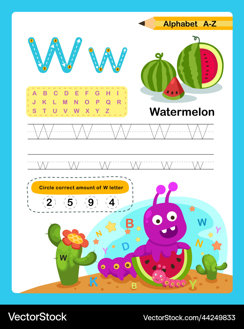 Watermelon Alphabet Worksheet - Letter W Vector Image