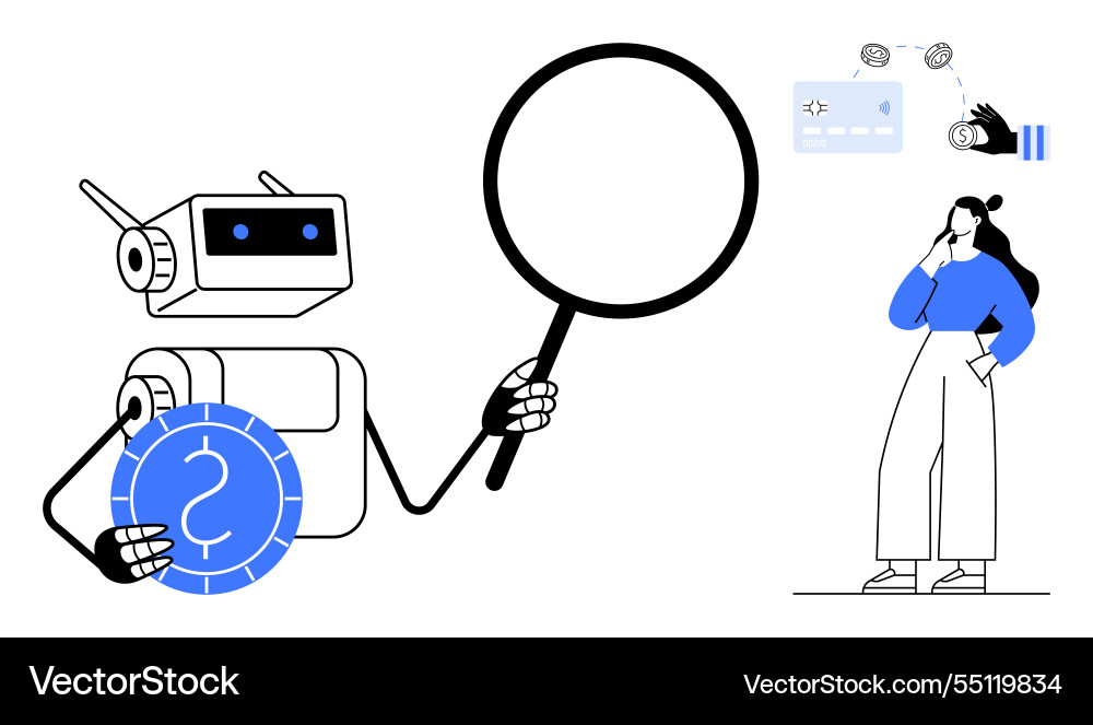 Robot holding magnifying glass investigating Vector Image