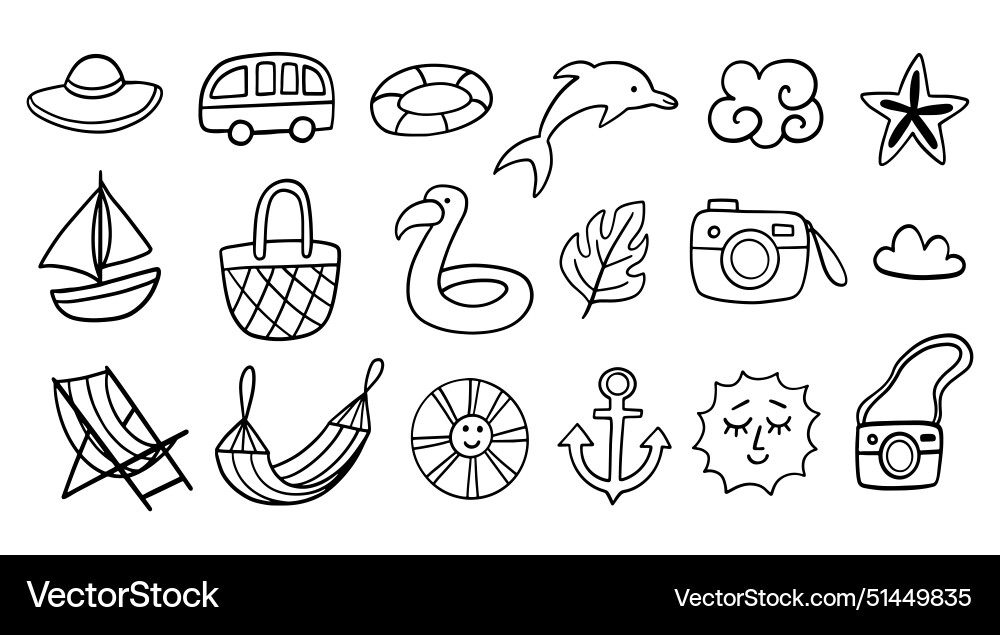 Cute beach shapes summer boho doodle sketch set Vector Image