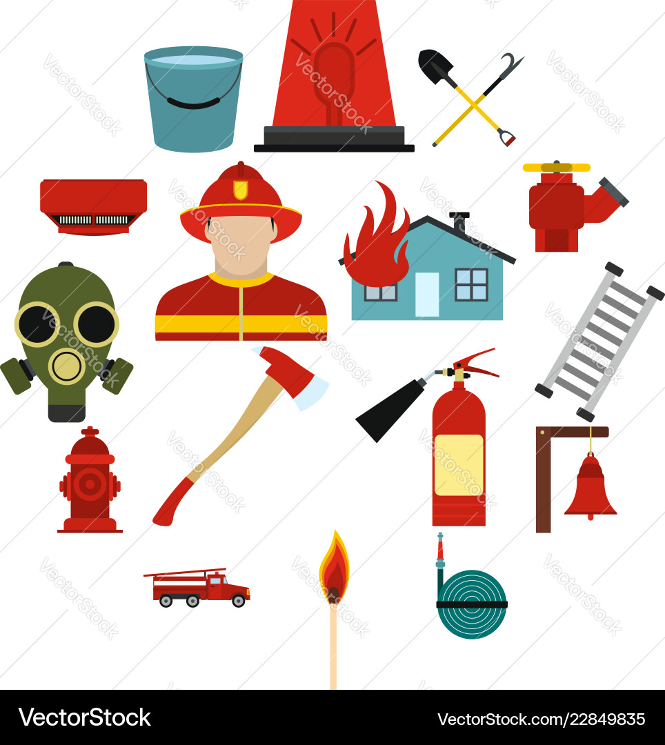 Firefighter flat icons set Royalty Free Vector Image