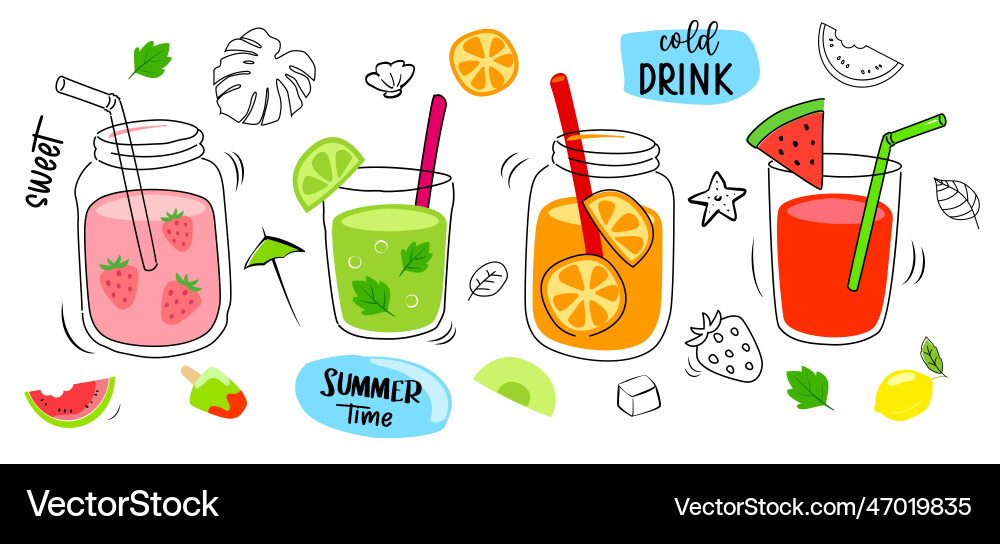 Tropical drinks summer set menu cold Royalty Free Vector