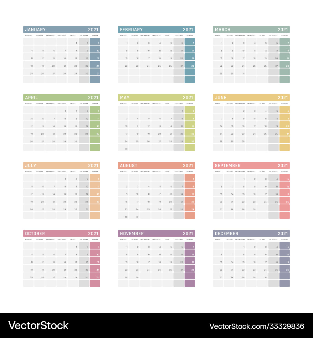 2021 Calendar - Monthly Planner Royalty Free Vector Image
