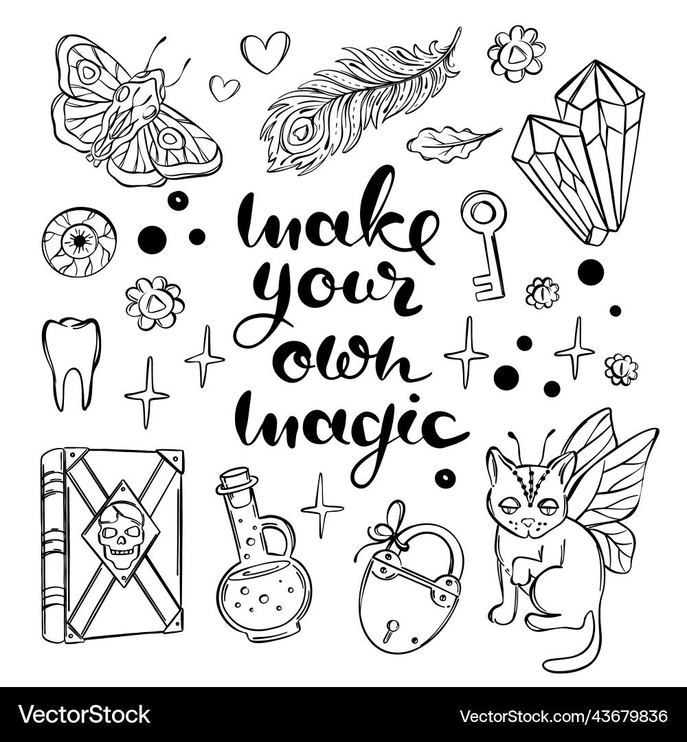 Magic lettering witchcraft cartoon set Royalty Free Vector