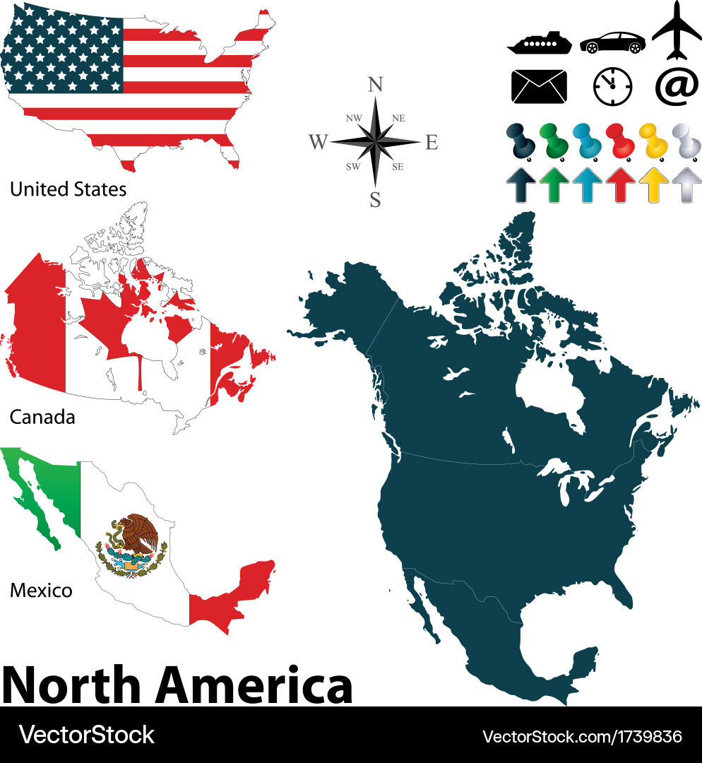 Maps with flags of north america Royalty Free Vector Image
