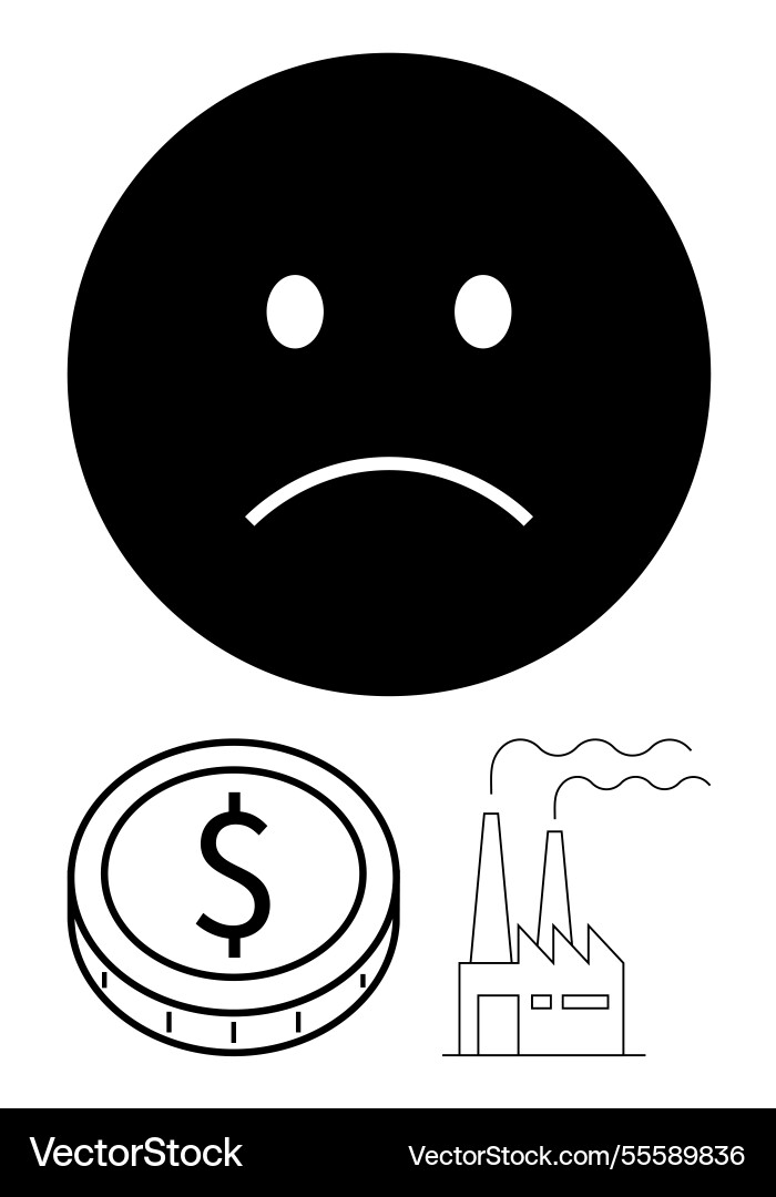 Sad face with factory and coin representing Vector Image