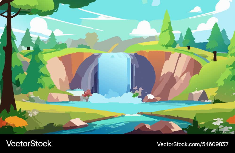 Cartoon nature landscape with waterfall in flat Vector Image