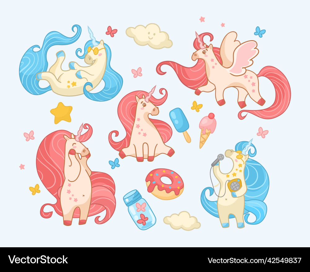 Cute happy unicorns cartoon set Royalty Free Vector Image