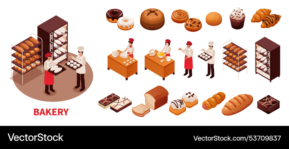 Isometric bakery with bakers and baked goods Vector Image