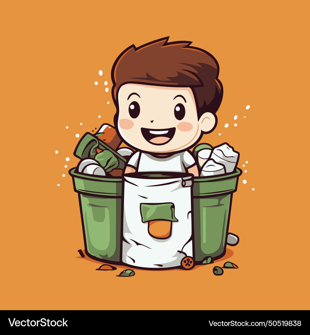Cartoon boy throwing garbage in the trash can Vector Image