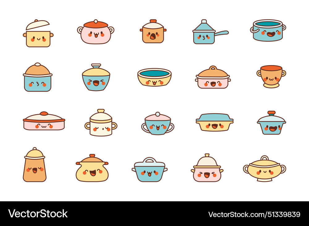 Casserole dishes cast iron pans characters pyrex Vector Image
