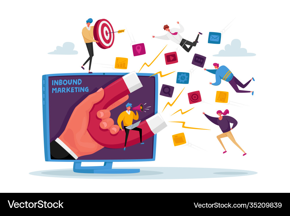 Huge hand on computer monitor with magnet Vector Image