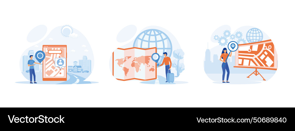 Set geolocation concept with tiny male characters Vector Image