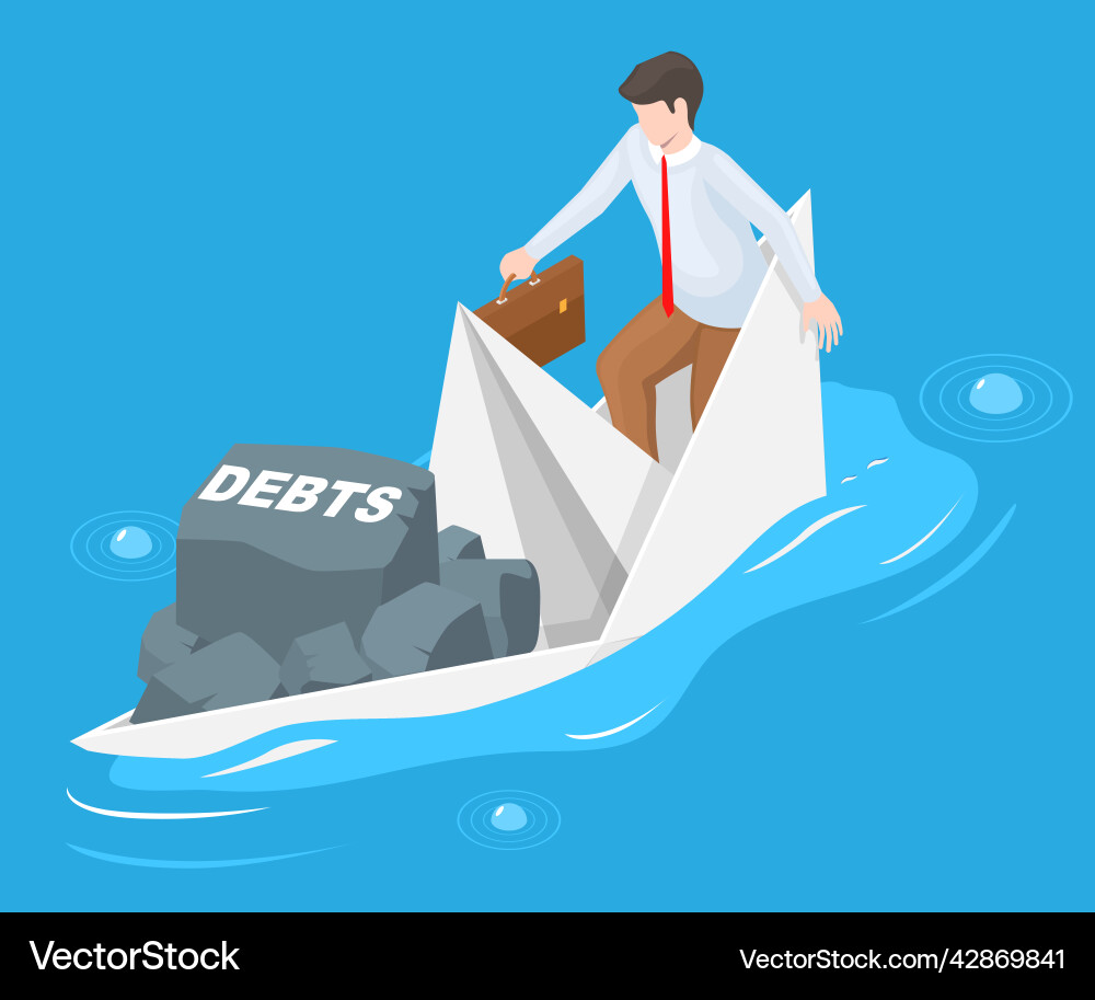 Man in sinking paper boat due to outstanding debts