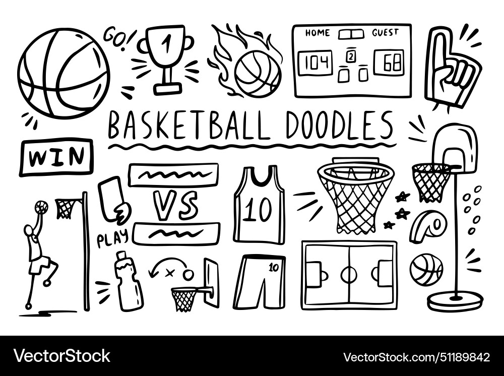Basketball doodle elements set basket sport ball Vector Image