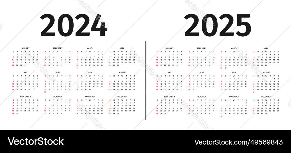 Calendar for 2024 and 2025 year template Vector Image