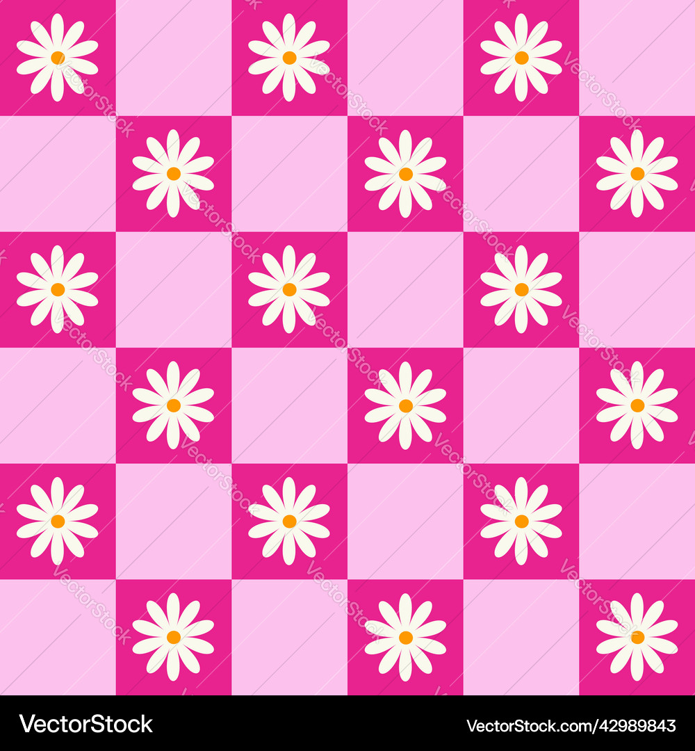 White daisy on pink checkerboards seamless pattern