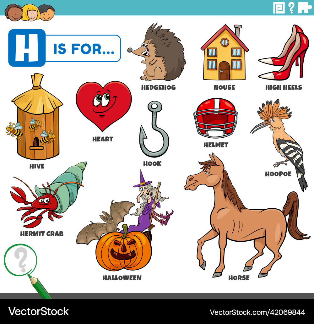 Letter h words educational set with cartoon Vector Image