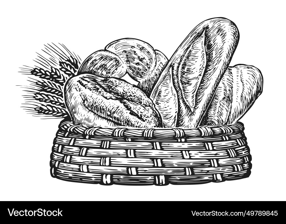 Basket with fresh baked bread and wheat Royalty Free Vector