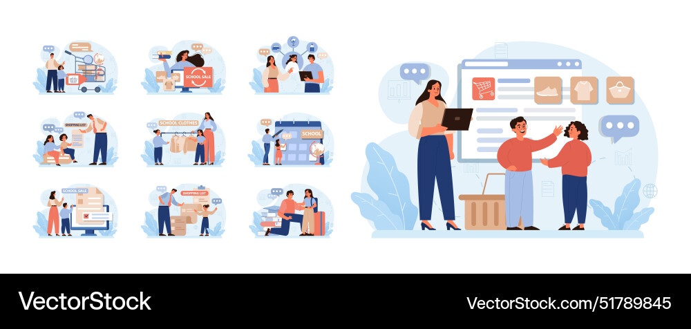 School preparation set kids with parents Vector Image