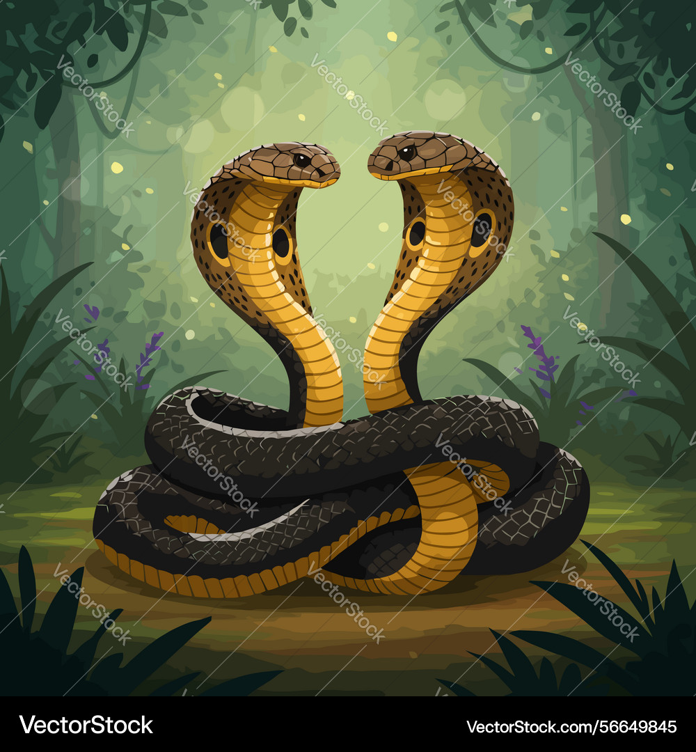 Two cobra snakes coiled in lush green forest – Royalty-Free Vector ...
