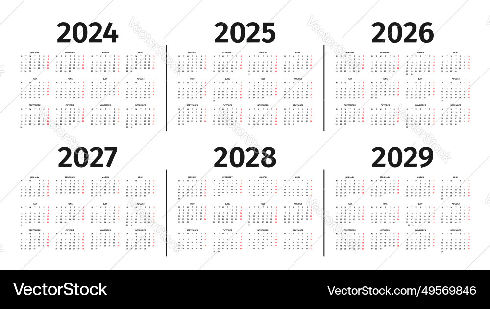 Calendar for 2024 to 2029 year template Royalty Free Vector