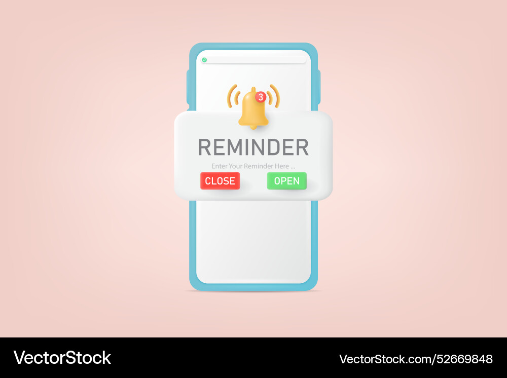 3d reminder popup on the mobile phone screen Vector Image
