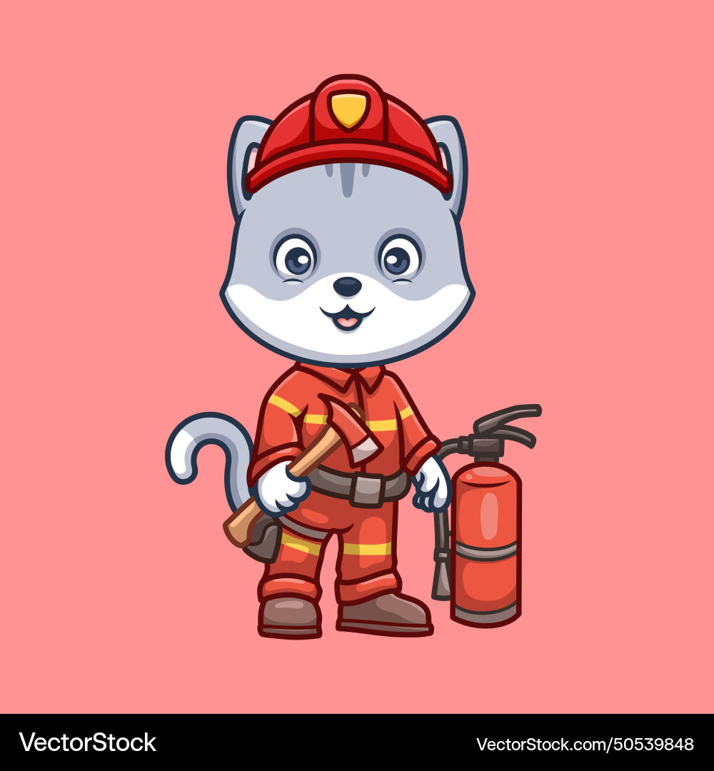 Firefighter grey cat cute cartoon Royalty Free Vector Image