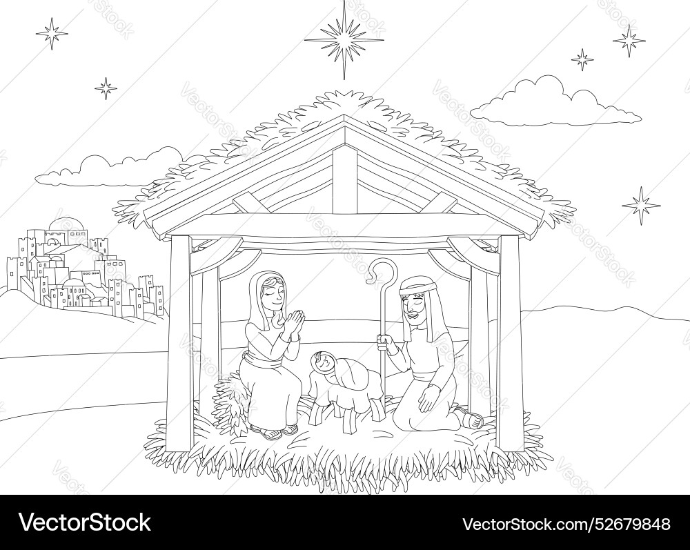 Nativity christmas scene coloring cartoon Vector Image