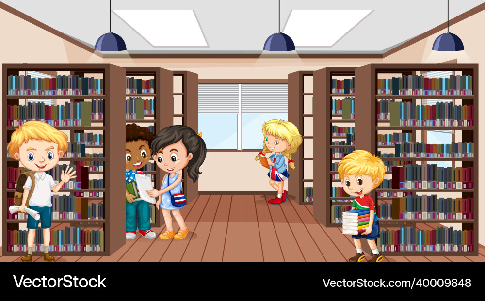 School library interior with students Royalty Free Vector