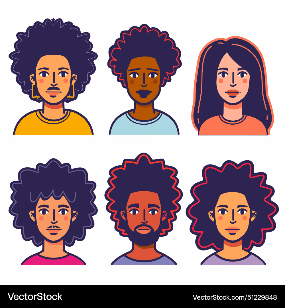 Six diverse cartoon faces expressing subtle Vector Image