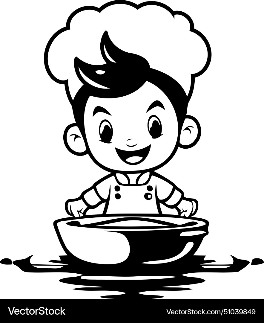 Cute boy chef cooking in a pan on fire Royalty Free Vector