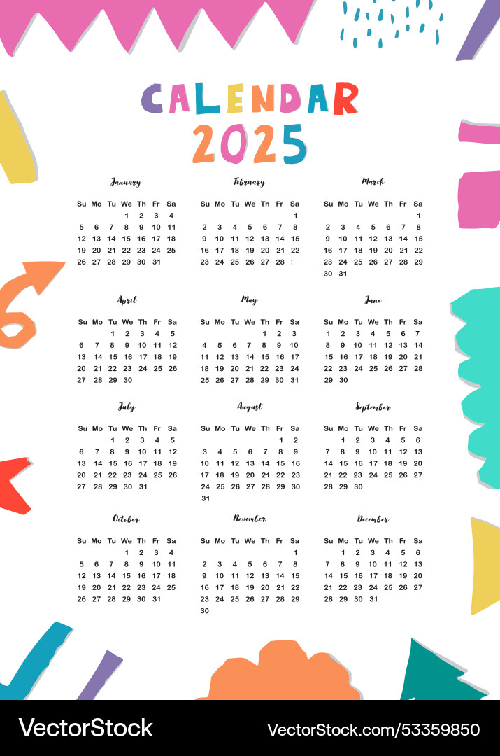 2025 table yearly calendar week start on sunday Vector Image