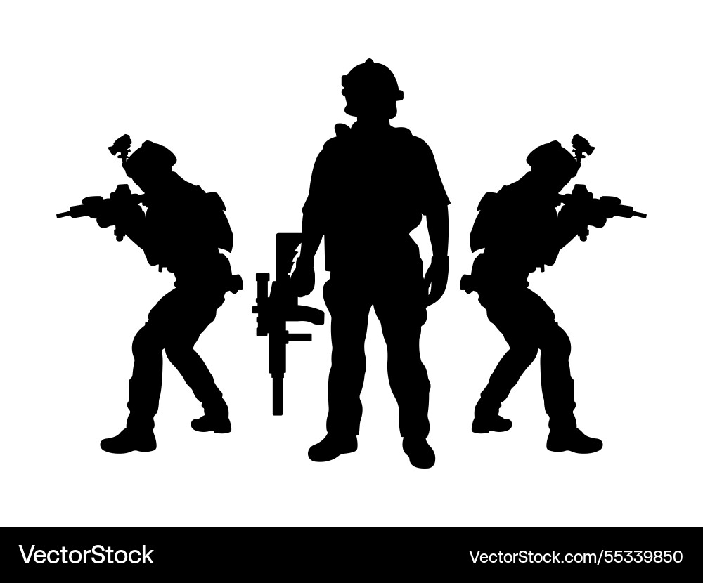Three silhouette soldiers in tactical positions Vector Image