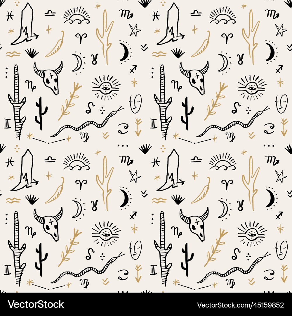Boho seamless pattern with western desert cartoon Vector Image