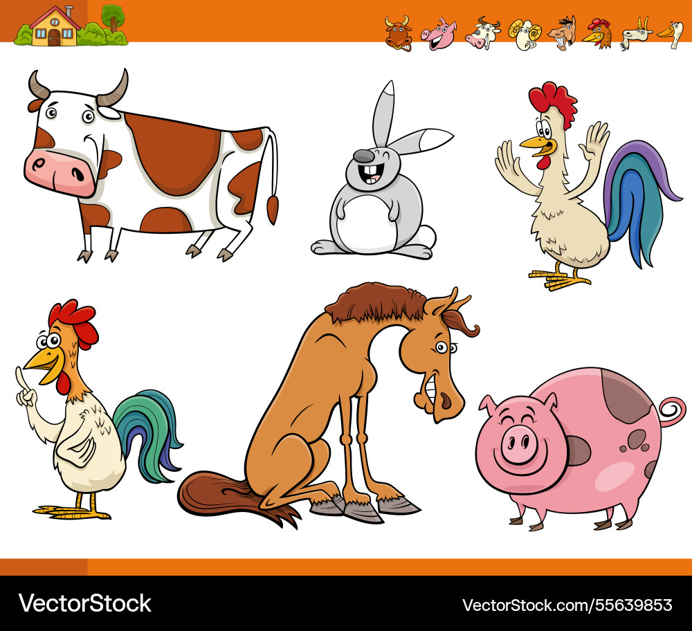 Happy cartoon farm animals comic characters set Vector Image