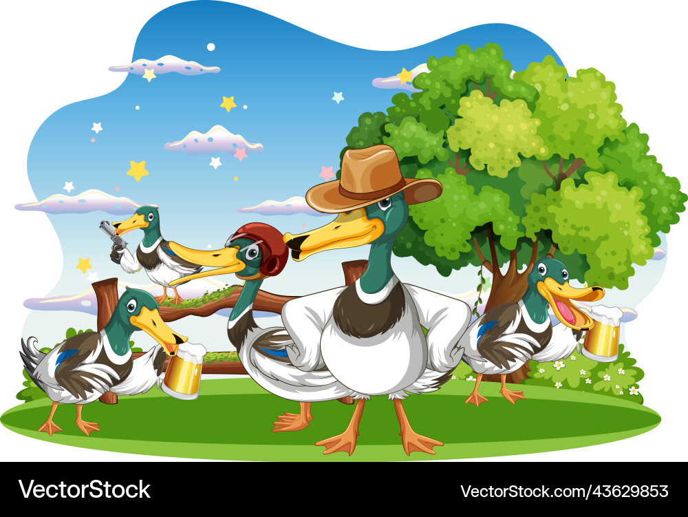 Happy duck group in nature scene Royalty Free Vector Image