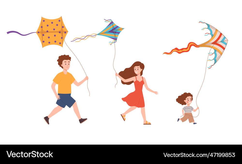 Kids running after kites cartoon flat Royalty Free Vector