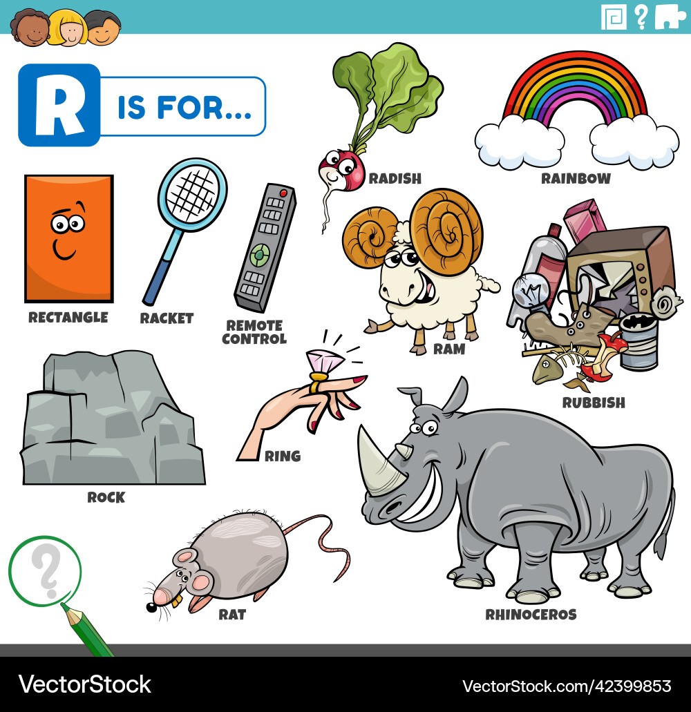 Letter r words educational set with cartoon Vector Image
