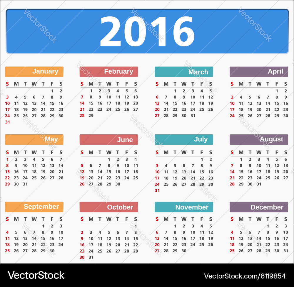 2016 Monthly Calendar With Holidays