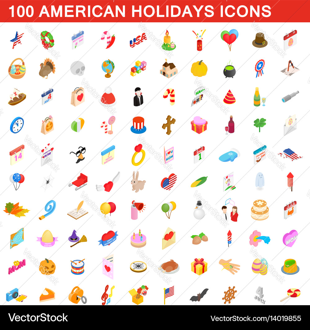 100 American Holiday Icons - Isometric Style Vector Image