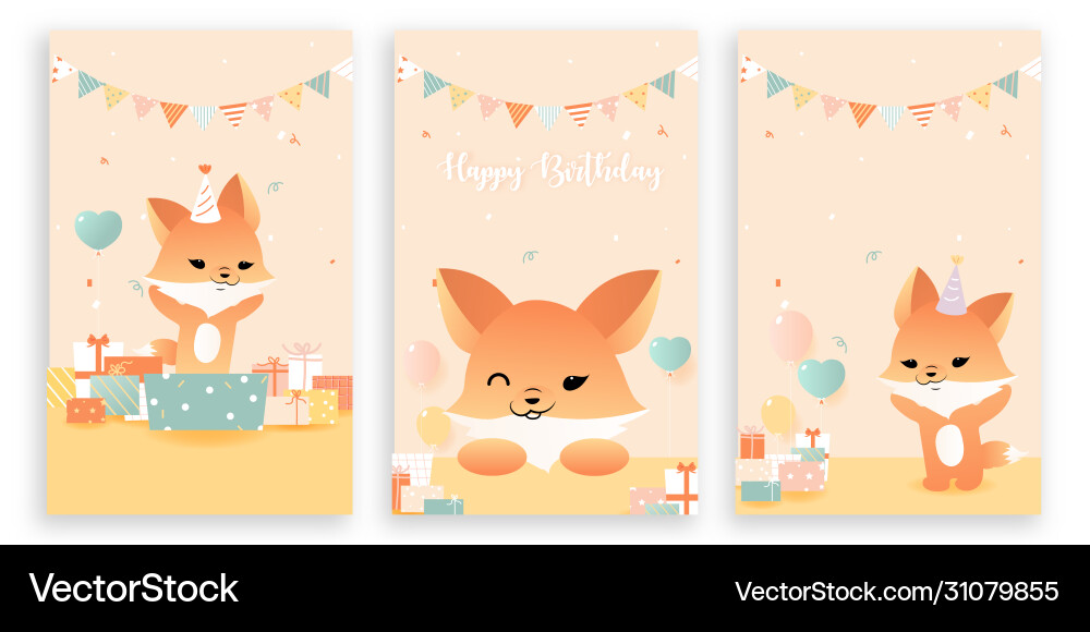 Cute Fox Birthday Cards Set Royalty Free Vector Image