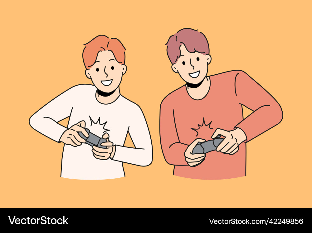 Happy guys have fun playing video games Royalty Free Vector