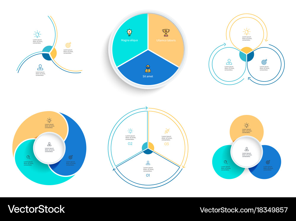 Business infographics pie charts with 3 steps Vector Image