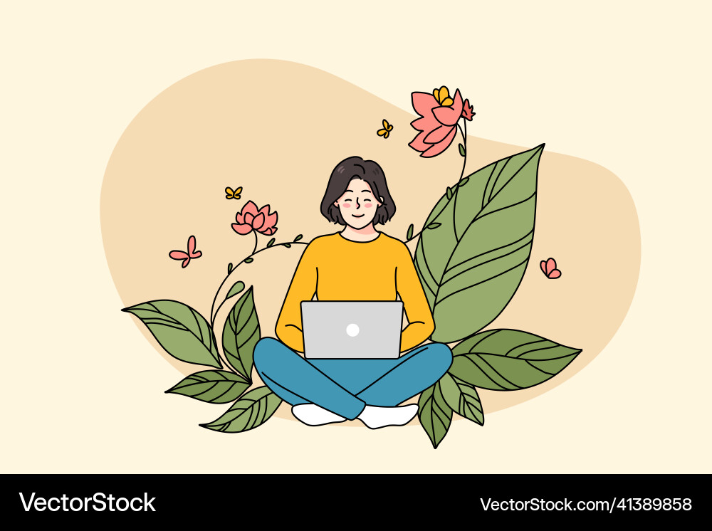 Smiling girl work on computer flowery Royalty Free Vector