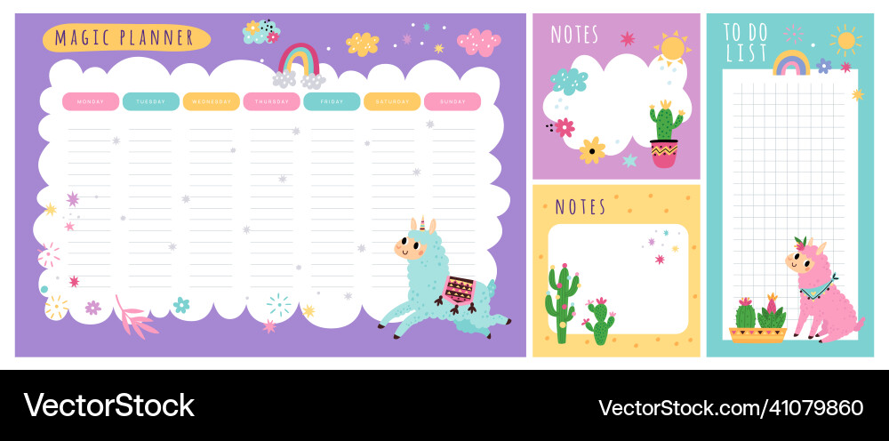 Cute llamas weekly planner kids schedule Vector Image